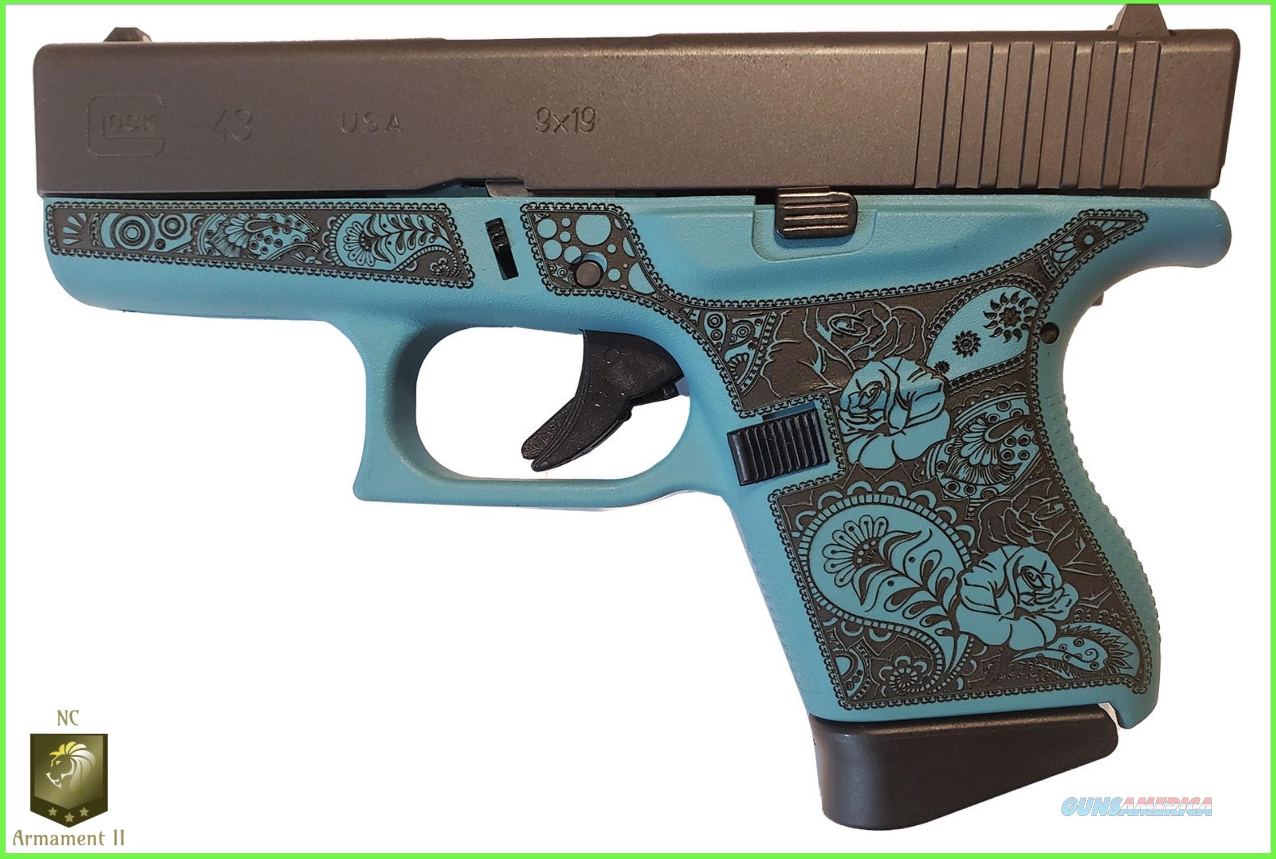 Glock 43 Tiffany Blue 9mm Engraved for sale at Gunsamerica.com: 945127046